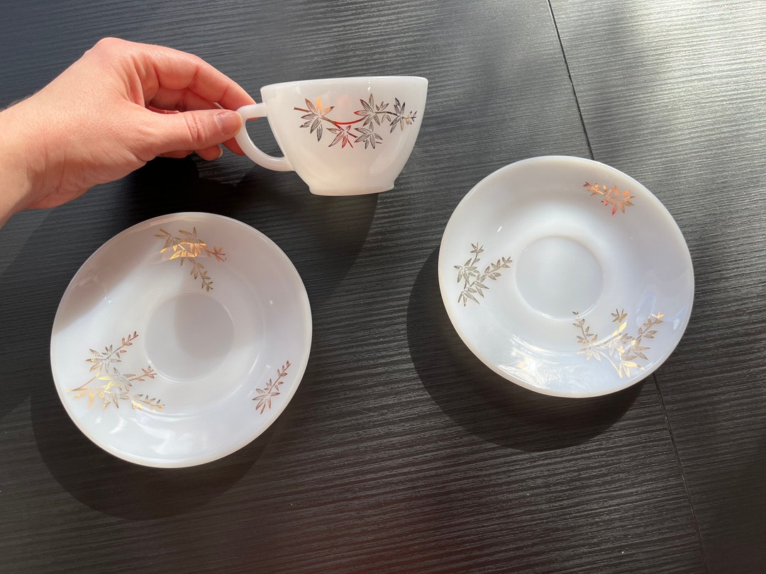 Vintage Federal Glass Milk Glass Tea Cup and 2 Saucers Golden Glory ...