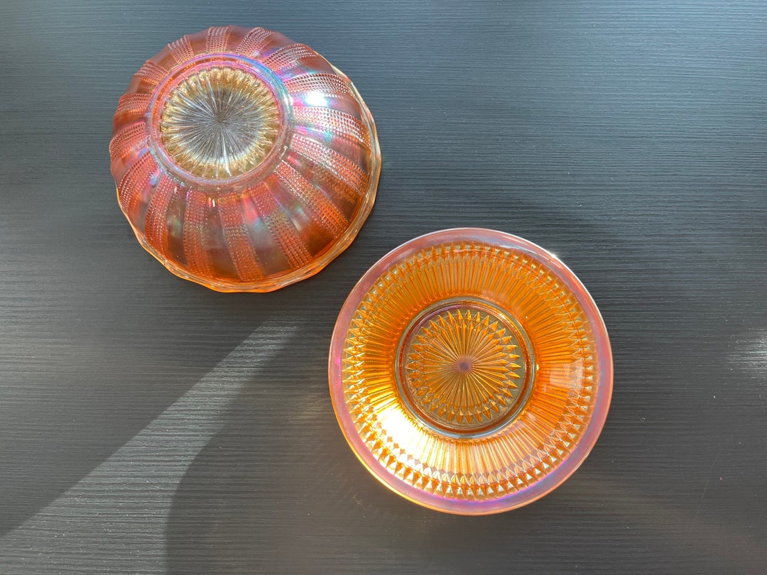 Marigold Peach Pink Carnival Glass Bowl and Plate / Soup Bowl Jenette ...
