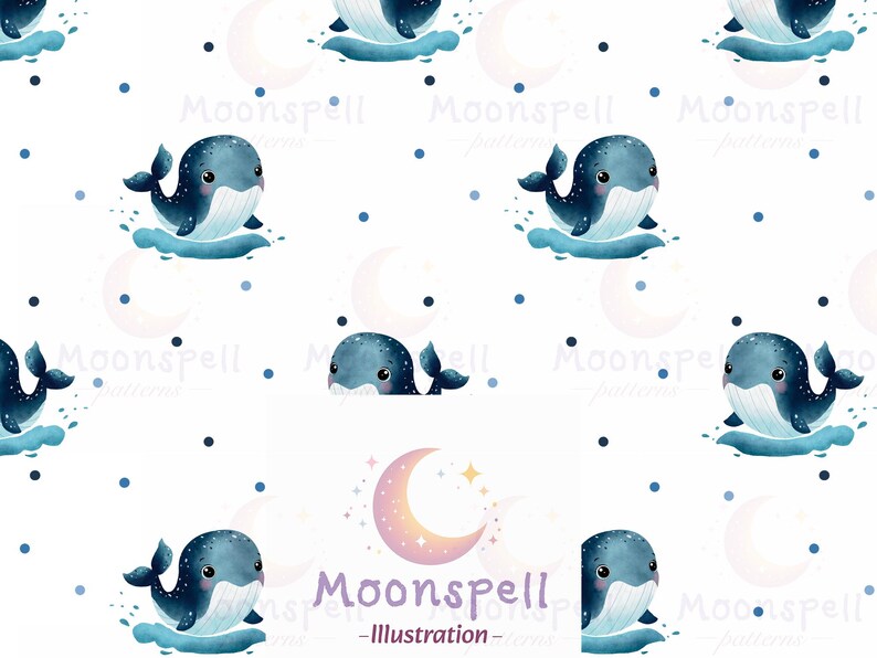 Cute Watercolor Whale Seamless Pattern – High-Resolution PNG Digital ...
