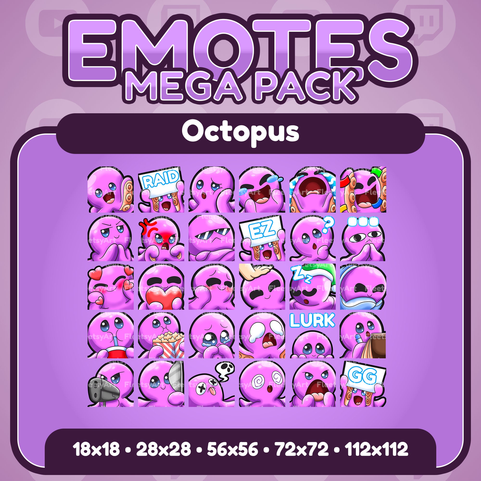 Cute Octopus Mega Emote Pack Twitch, Youtube, Discord, Cute, Kawaii ...