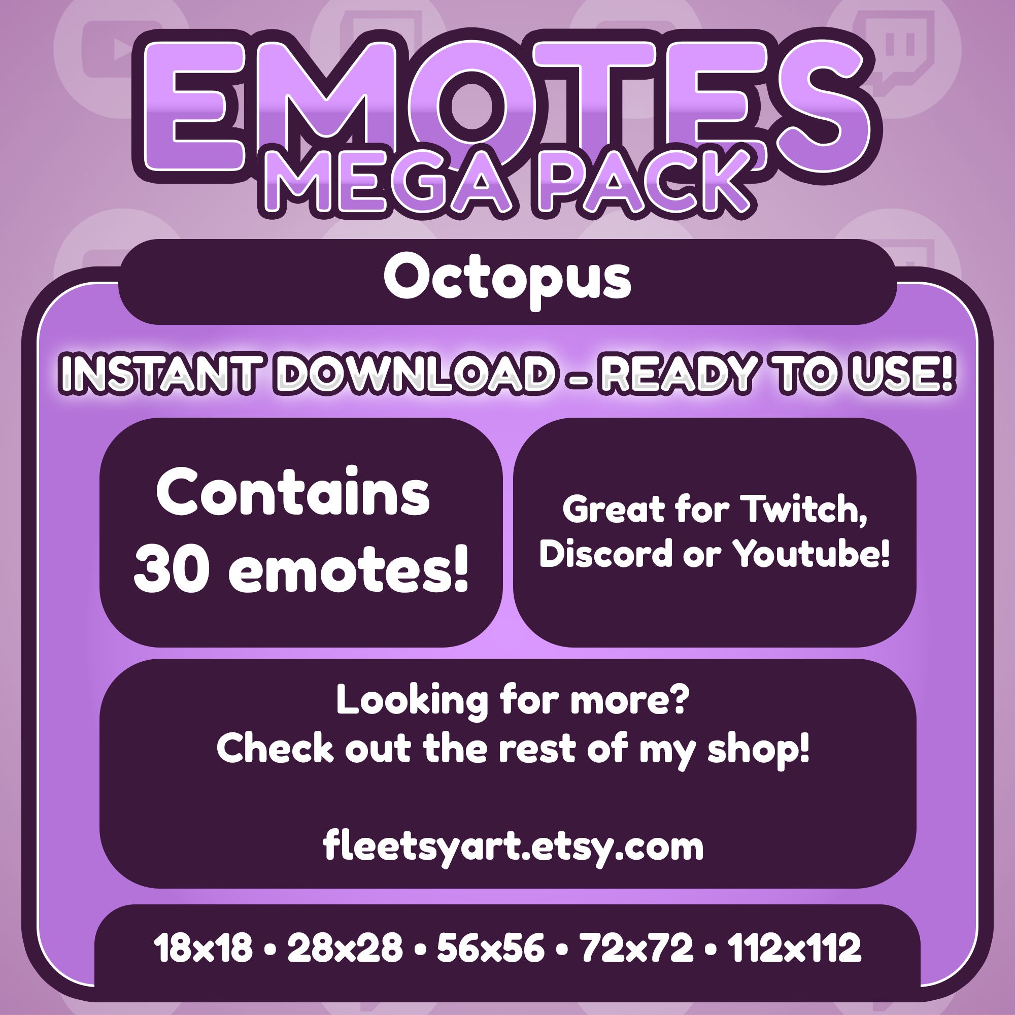 Cute Octopus Mega Emote Pack Twitch, Youtube, Discord, Cute, Kawaii ...