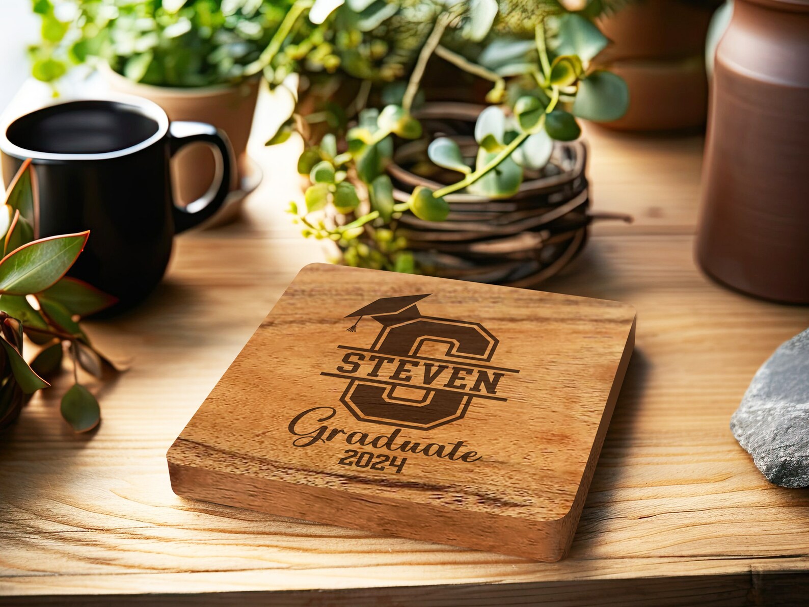 Acacia Wood Graduation Coasters: Split Monogram Gift Set - Etsy