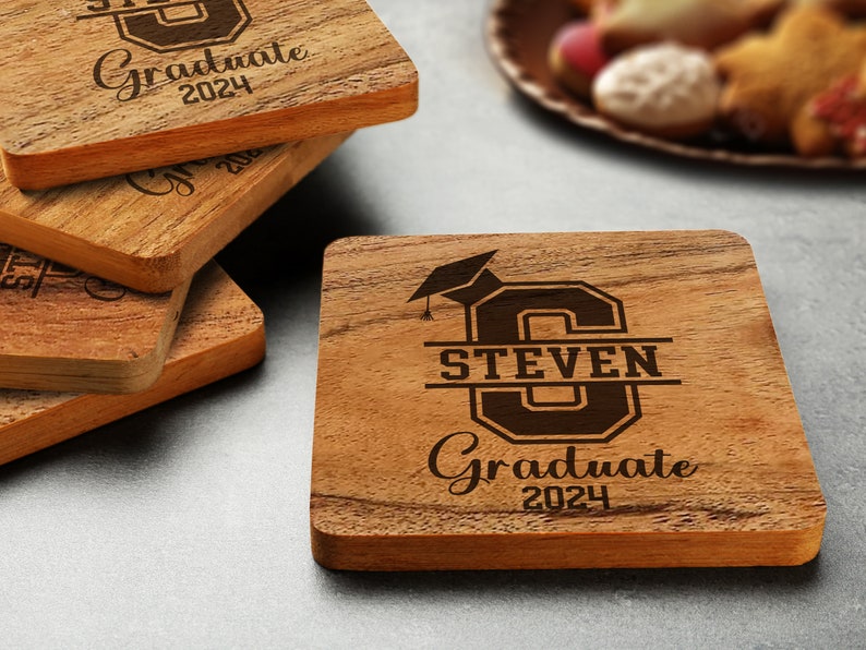 Acacia Wood Graduation Coasters: Split Monogram Gift Set - Etsy