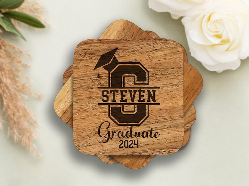 Acacia Wood Graduation Coasters: Split Monogram Gift Set - Etsy