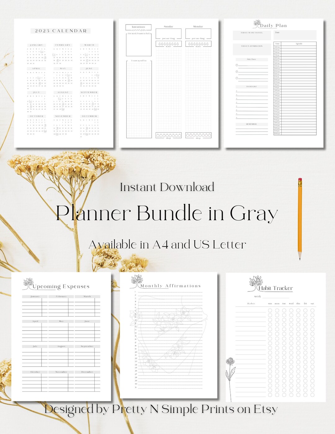 Planner Bundle Gray Grey Self Care Planner Bundle Simple - Etsy
