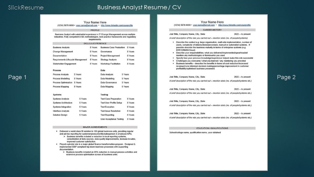 ATS Friendly Business Analyst Resume/cv, 1 & 2 Page Versions, Includes ...
