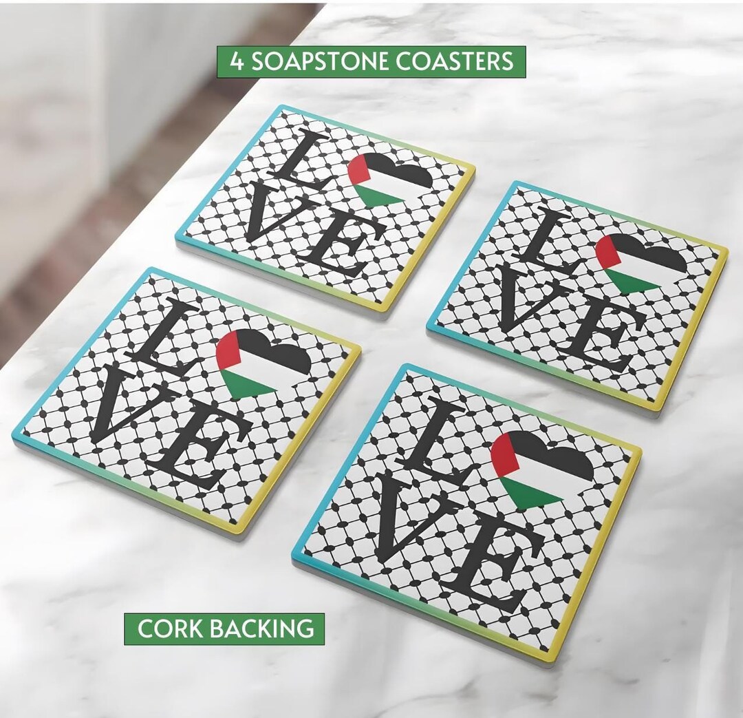 LOVE Palestine Coasters Fishnet Keffiyeh Flag Design Set of 4 Soapstone ...