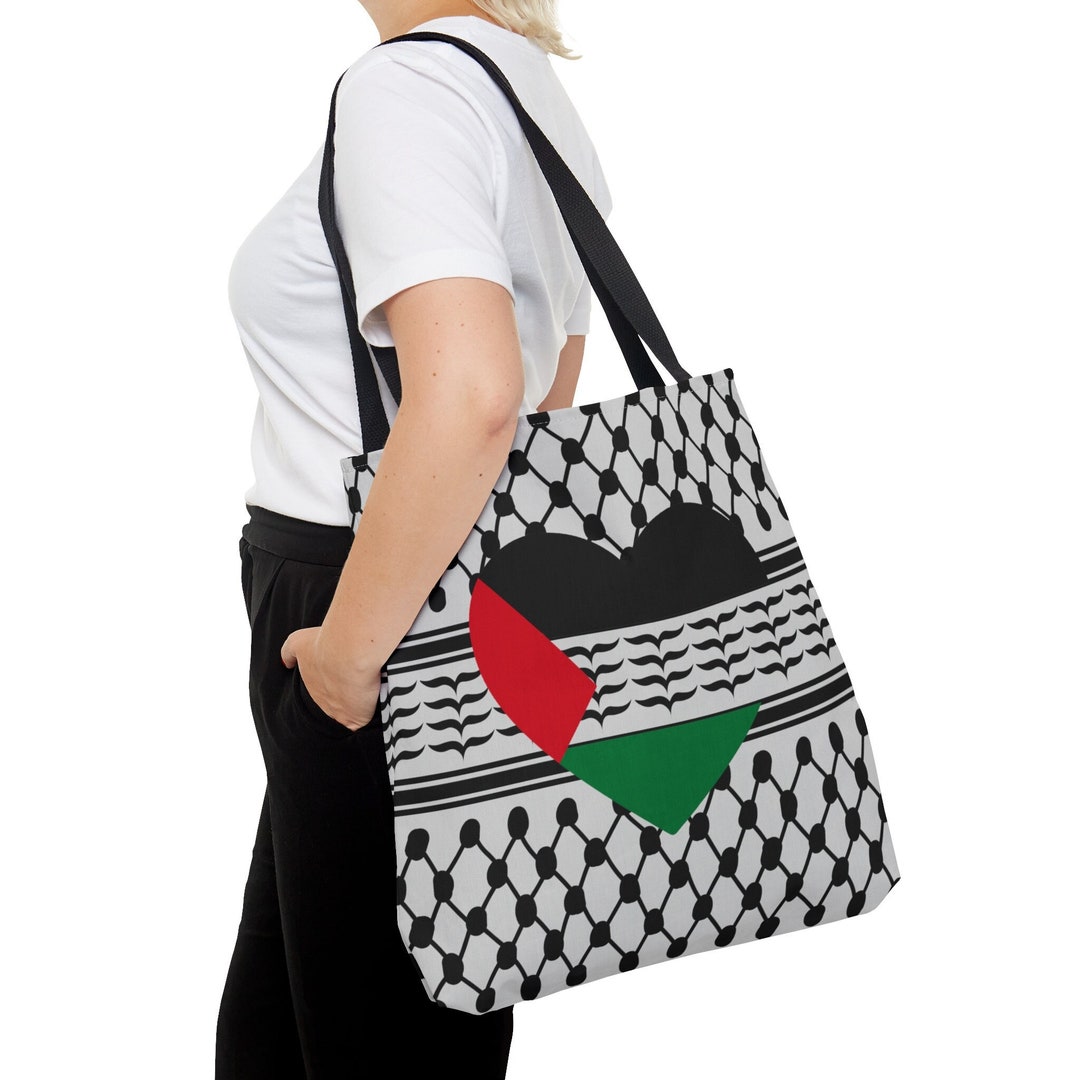 Gray Black Palestinian Keffiyeh Tote Bag With Palestine Heart on One ...