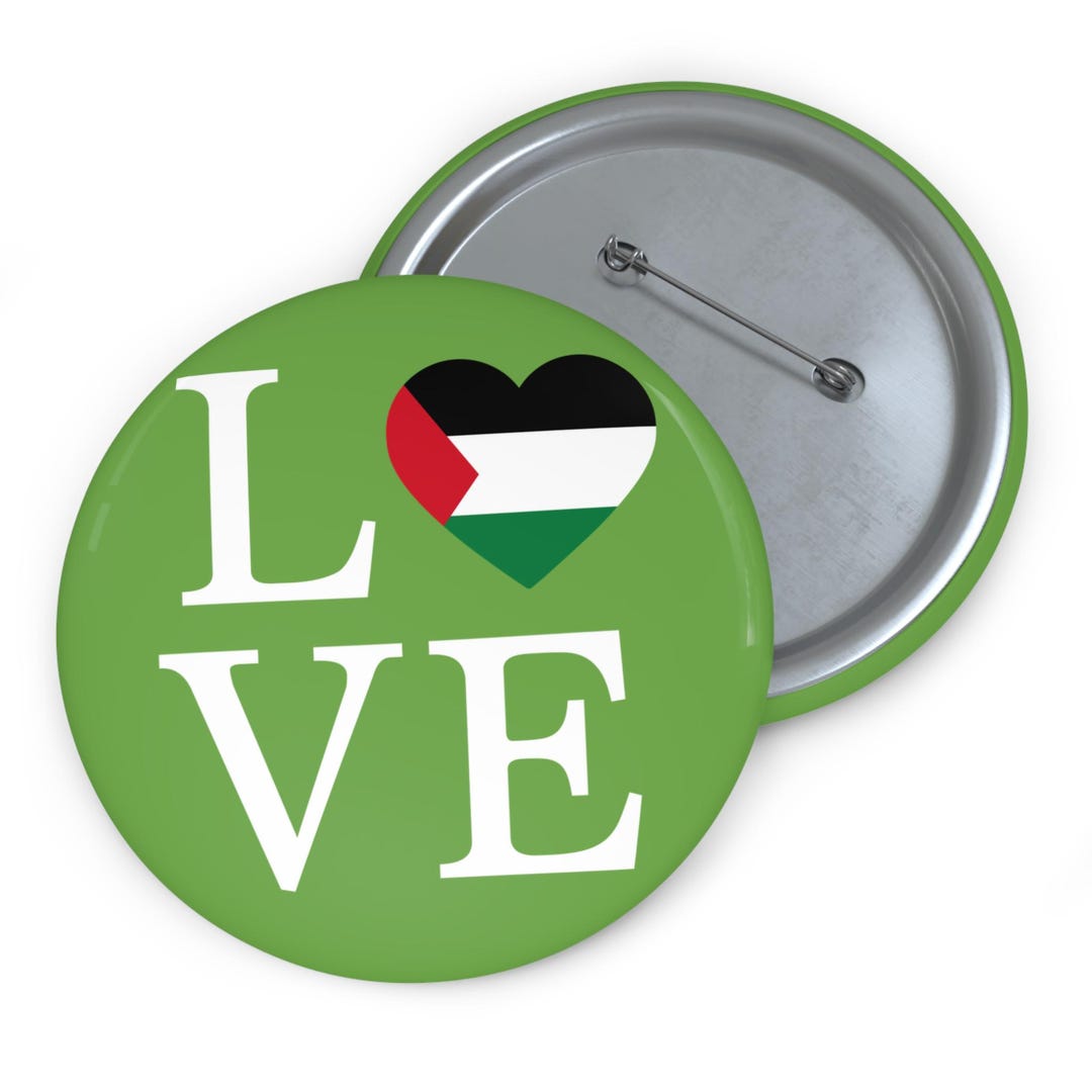 Palestine LOVE Pin Button Badge on Green Background With Flag Colored ...