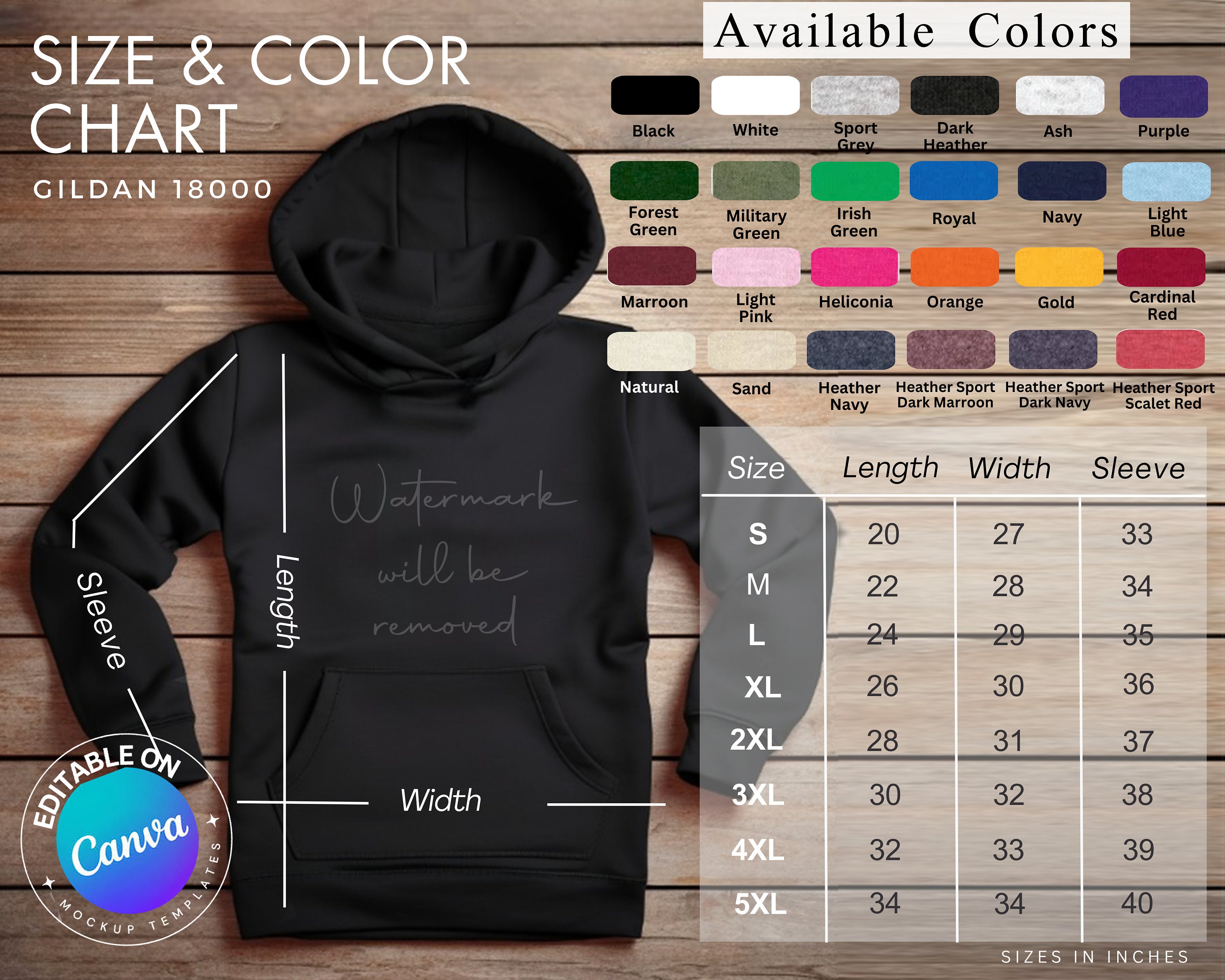 Gildan Hoodie Editable Color Chart Gildan 18500 Size Chart Gildan ...