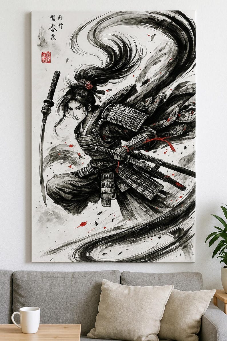 Samurai Art Poster – Female Warrior in Sumi-e Style | Japanese Wall ...