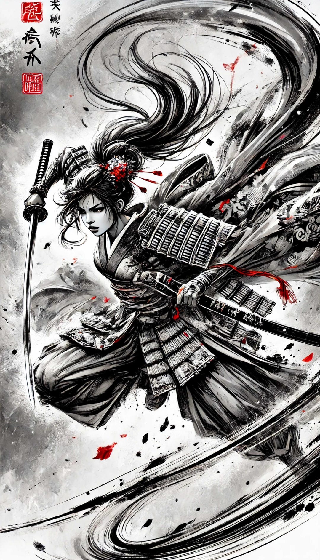 Samurai Art Poster – Female Warrior in Sumi-e Style | Japanese Wall ...