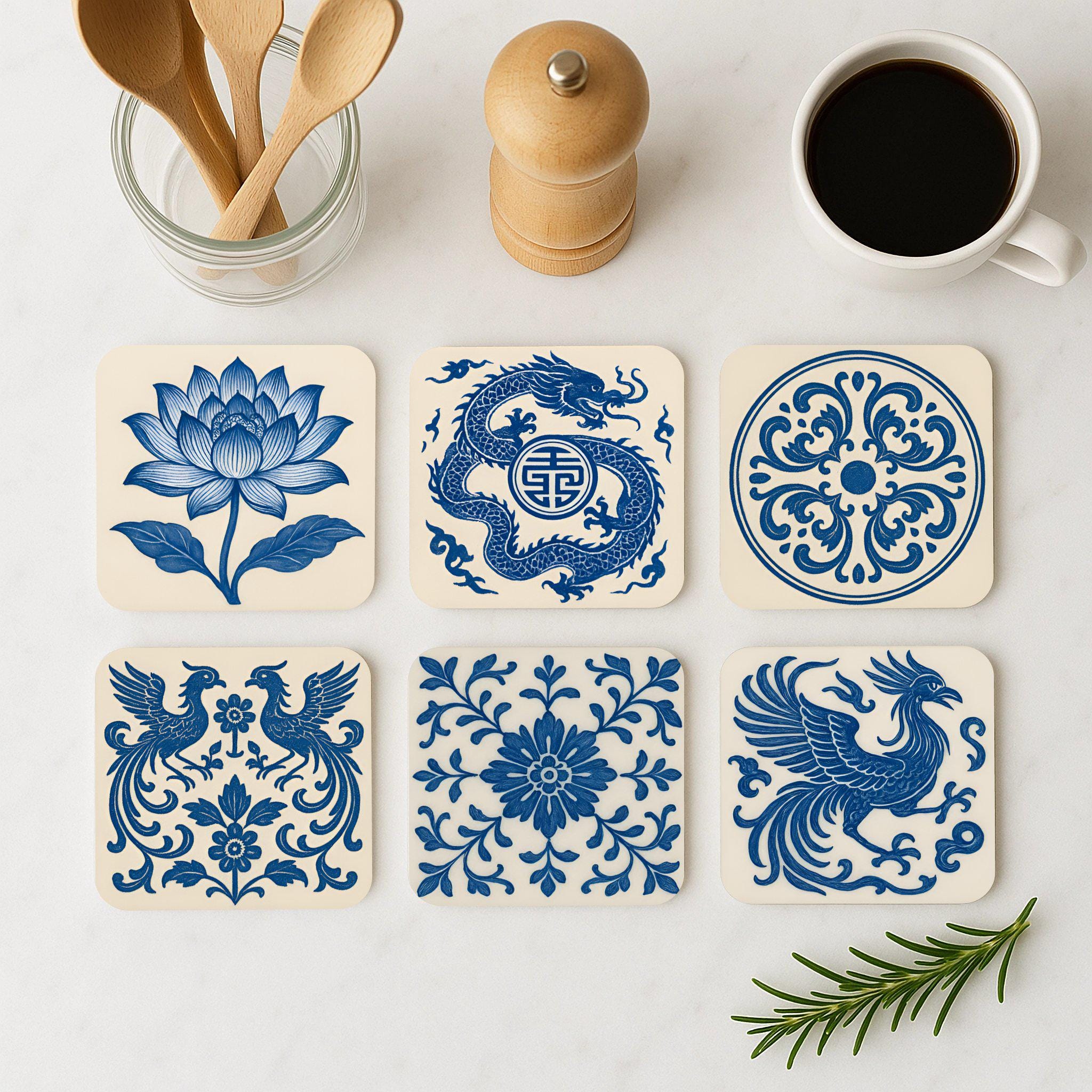 Blue & White Coaster Set – Asian-inspired Lotus, Dragon and Phoenix ...