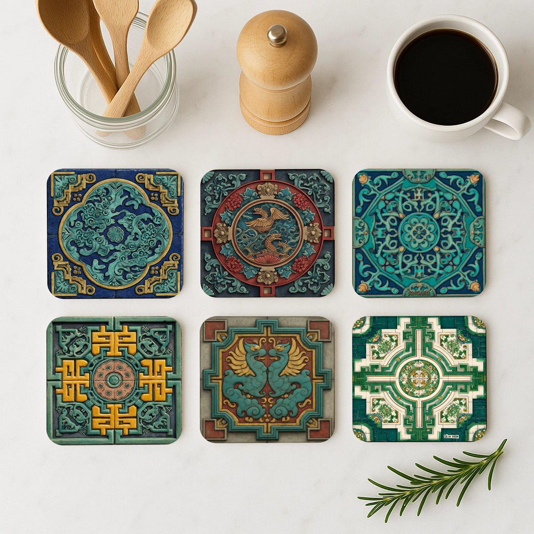 Shanghai Coaster Set • Chinese Art Deco Drink Coasters • Eastern Dragon ...