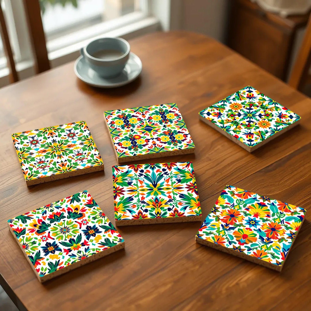 Brazilian Folk Art Coasters Set – Vibrant Floral Drink Coasters With ...