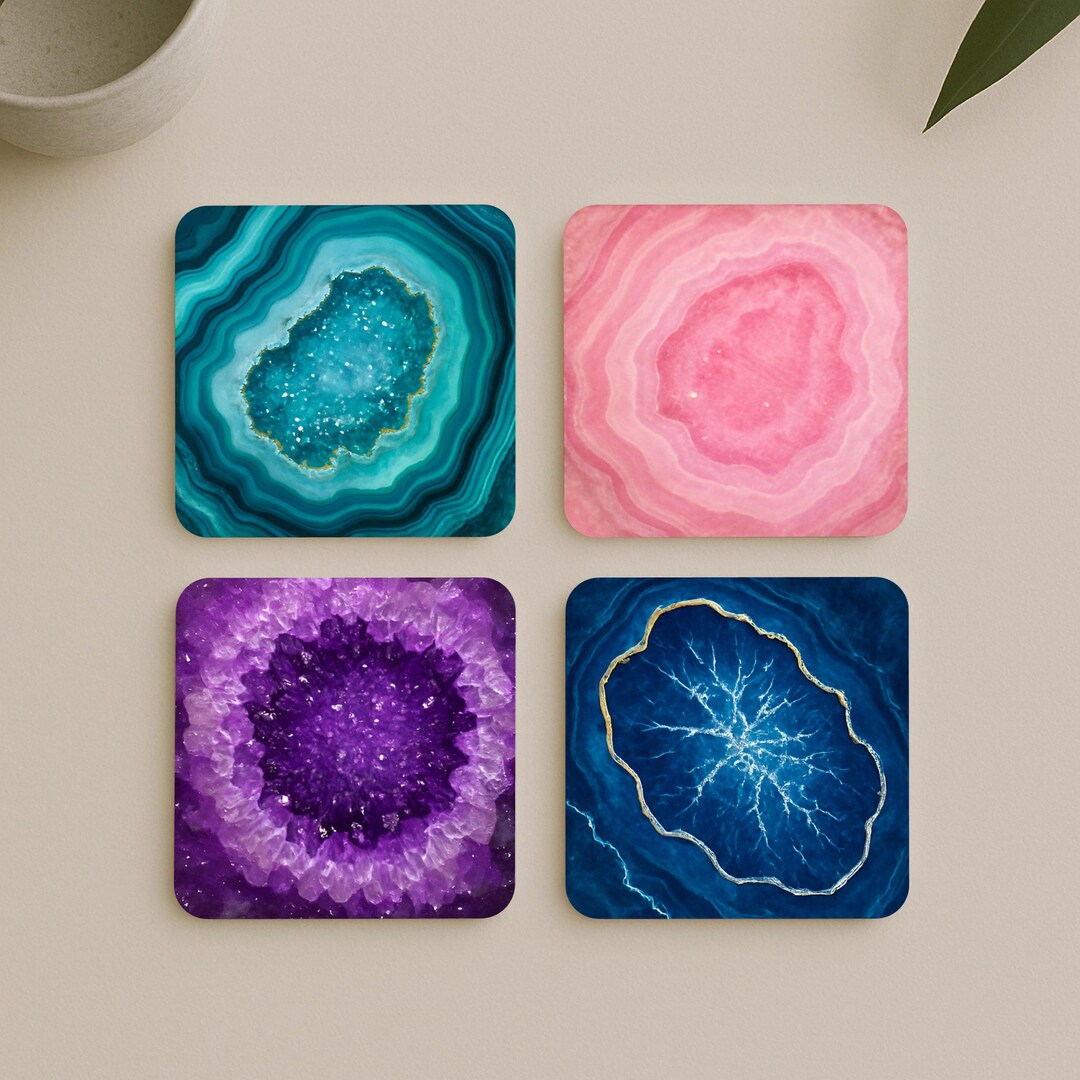 Geode Crystal Coasters – Agate Slice Cork Drink Coasters Set, Gemstone ...