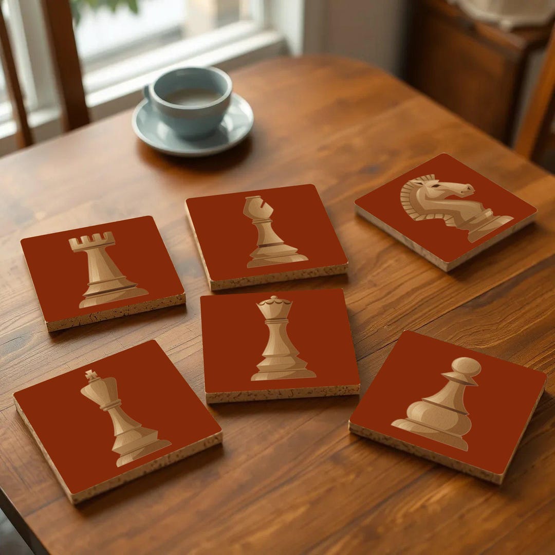 Chess Piece Coasters – King, Queen, Rook, Bishop, Knight & Pawn, Cork ...