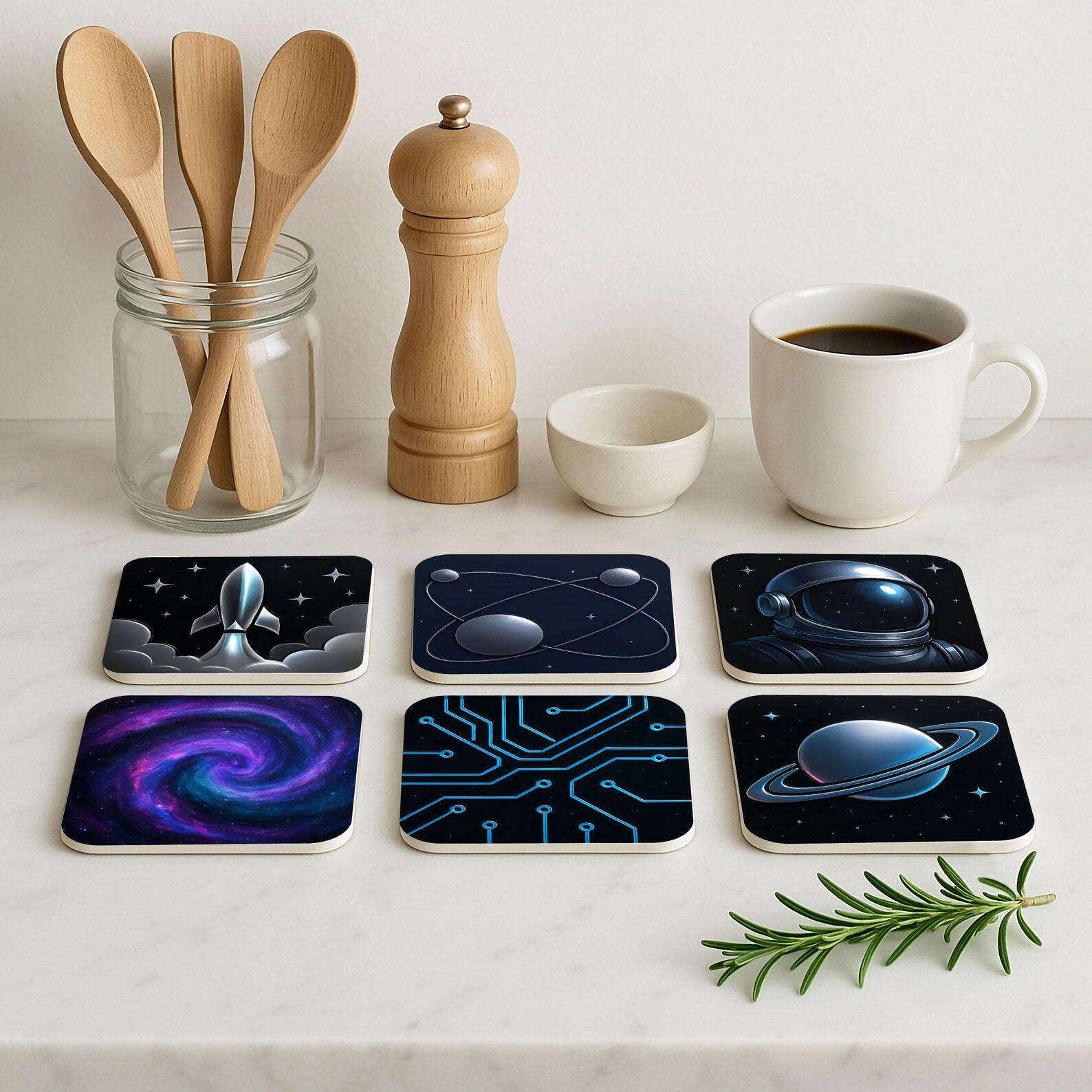 Space & Tech Cork Coaster Set – Rocket Astronaut Circuit Planet Decor ...