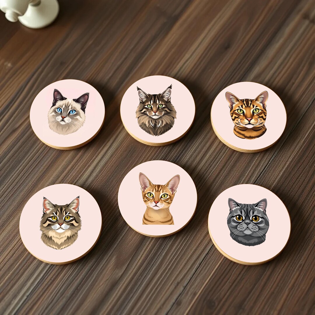 Cute Cat Coaster Set – 6 Adorable Cat Breeds – Cork-backed Drink ...