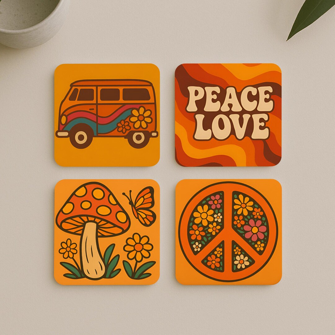Hippie Coasters – 70s Peace and Love Cork Drink Coasters Set, Flower ...