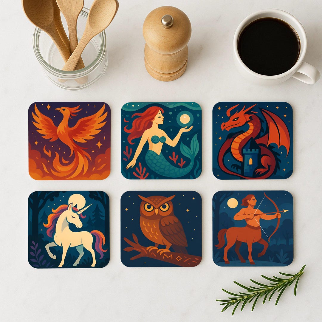 Fantasy Creatures Cork Coasters Set – Mythical Decor With Mermaid ...