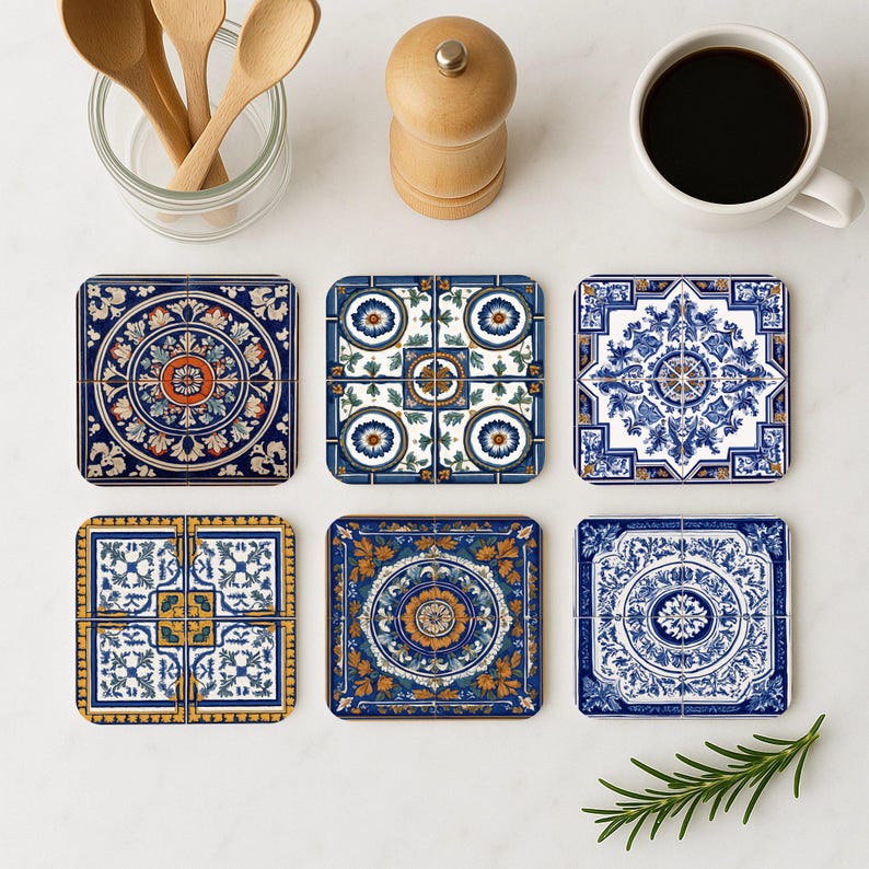 Porto Azul Coasters – Portuguese Ceramic Style Tile Patterns, Azulejos ...
