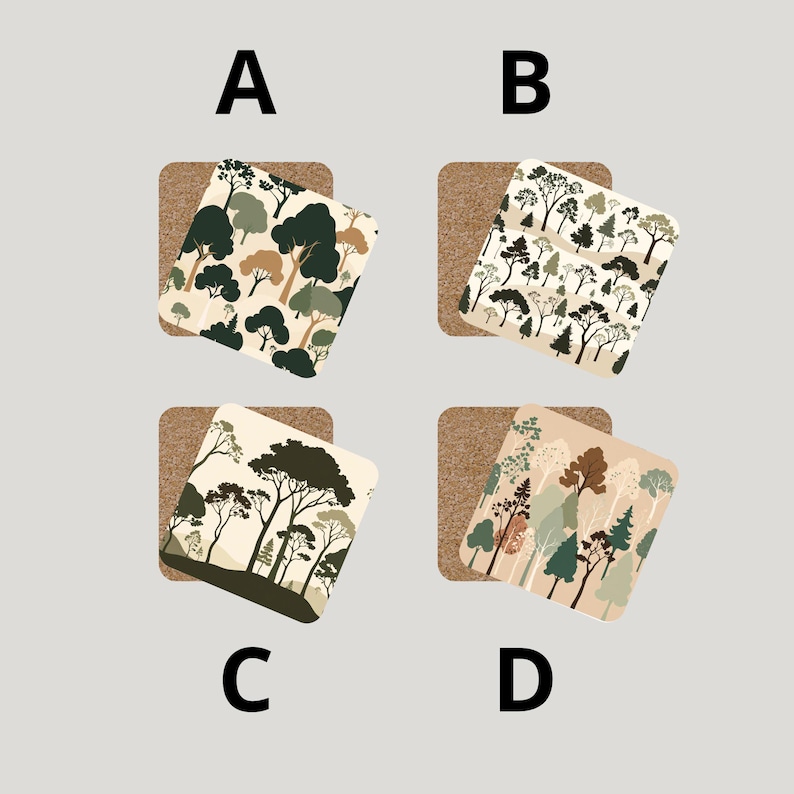 Forest & Tree Silhouette Coasters – Minimalist Woodland Scenes, Cork ...
