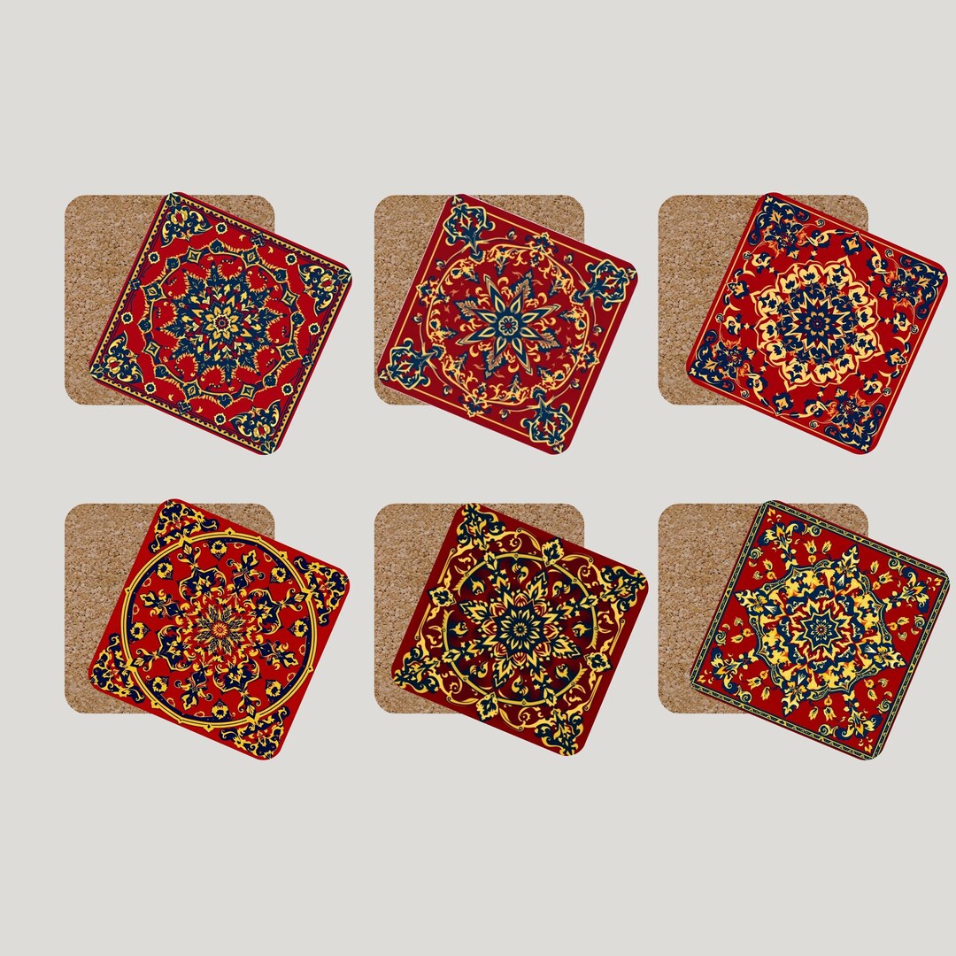 Persian Carpet Coasters Set – Luxury Square Drink Coasters With ...