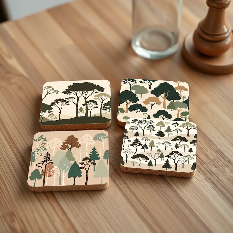 Forest & Tree Silhouette Coasters – Minimalist Woodland Scenes, Cork ...