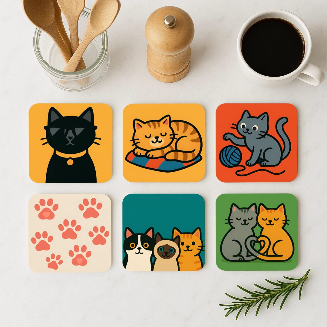 Cat Lover Coaster Set – Cute Cats, Paws, Yarn Ball, Sleepy Kitty ...