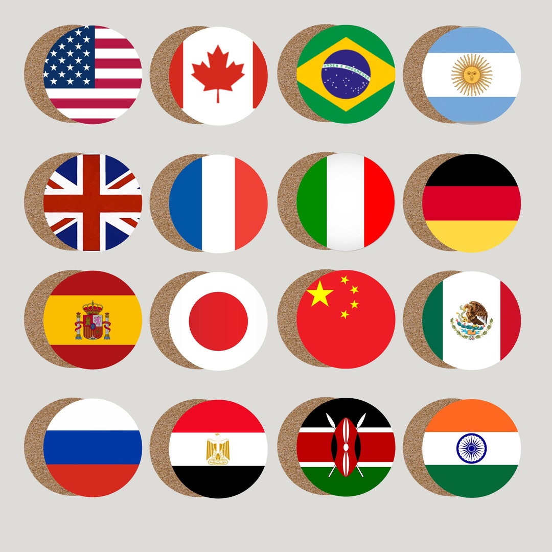 World Flags Coasters Set – International Flag Drink Coasters With Cork ...