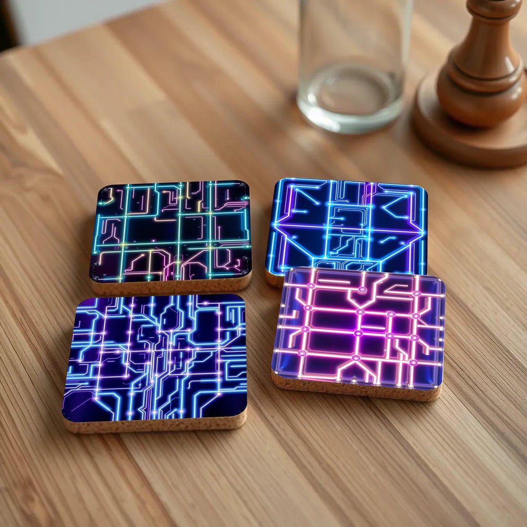 Circuit Board LED Coasters – Tech Patterns, Futuristic Glow Lines, Cork ...