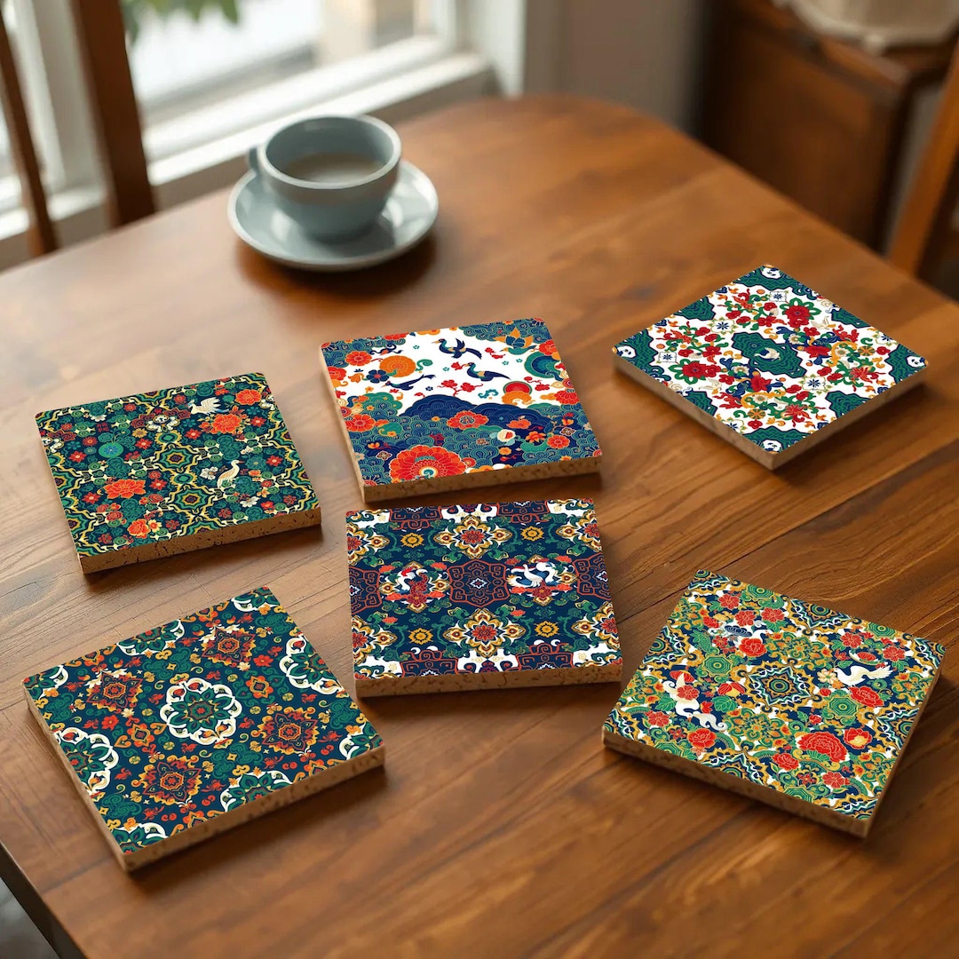 Korean Dancheong Coasters Set – Colorful Folk Art & Mythical Creatures ...