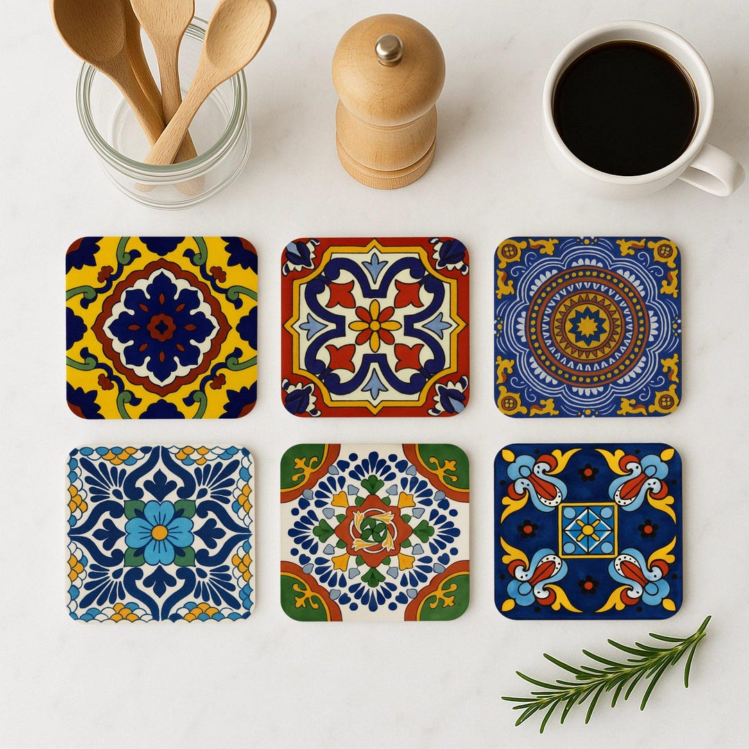 Mexican Talavera Tile Coasters Set – Vibrant Folk Art Drink Coasters ...
