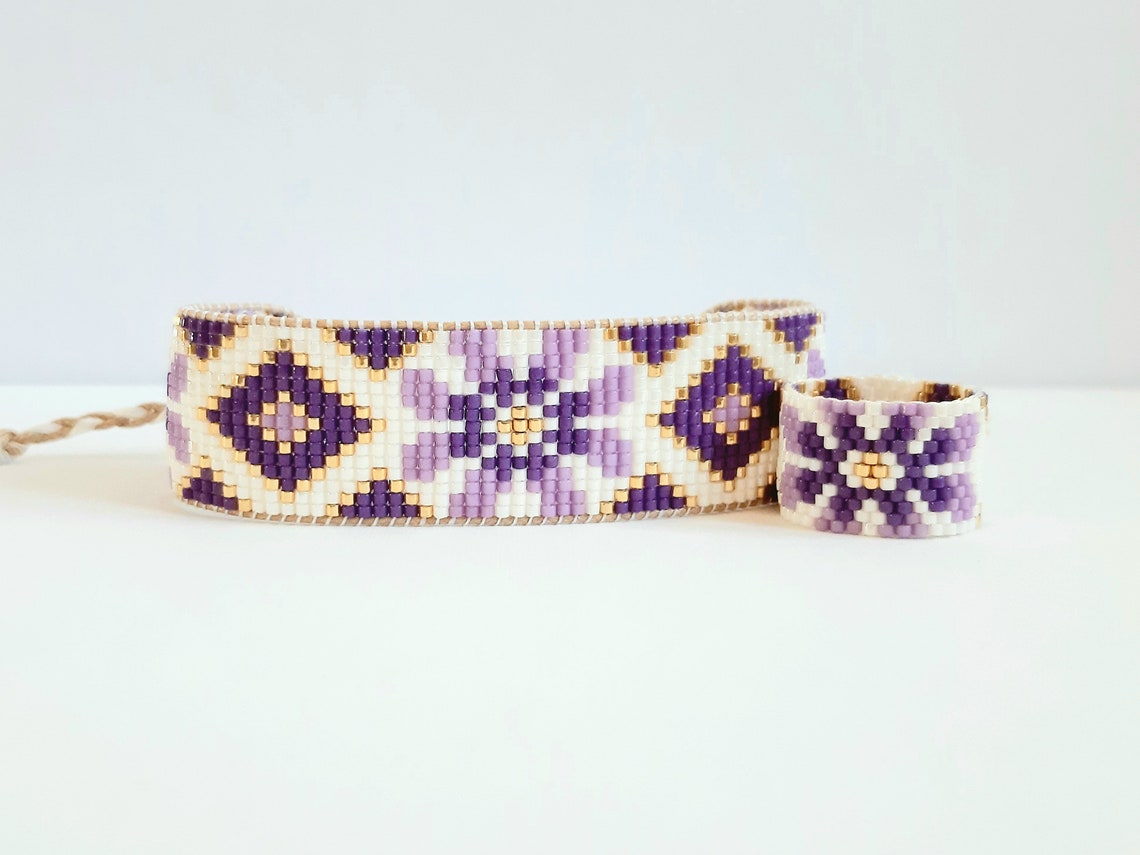 Purple Flowers Loom Bracelet Pattern, Bead Loom Pattern, Miyuki Delica ...