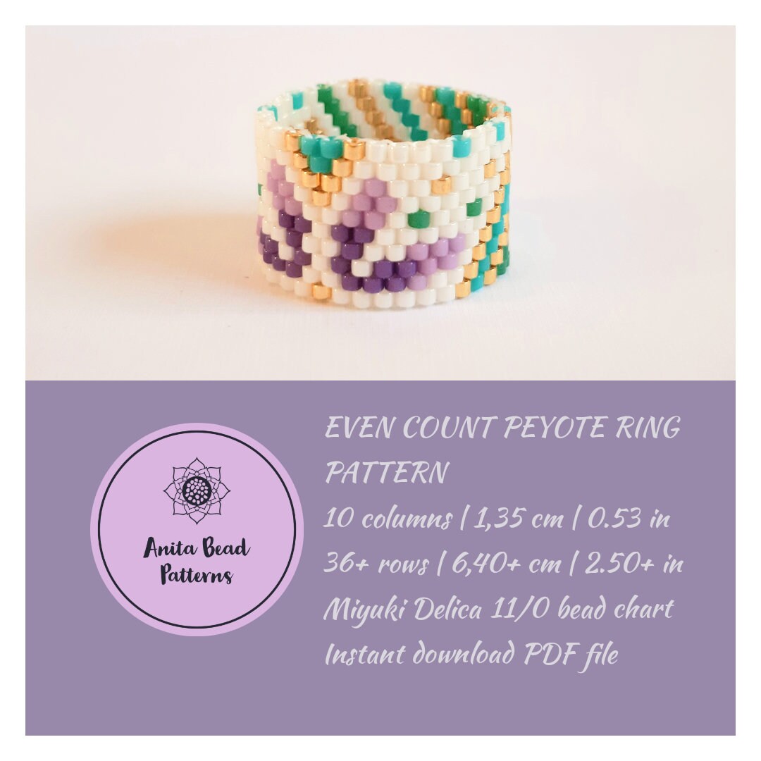 Purple Flowers Peyote Ring Pattern, Even Count Peyote Pattern, Miyuki ...