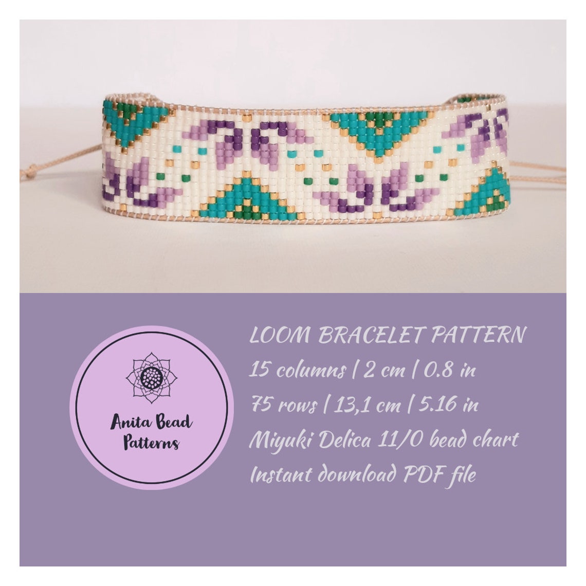Purple Flowers Loom Bracelet Pattern: Miyuki Delica (PDF Download) - Etsy