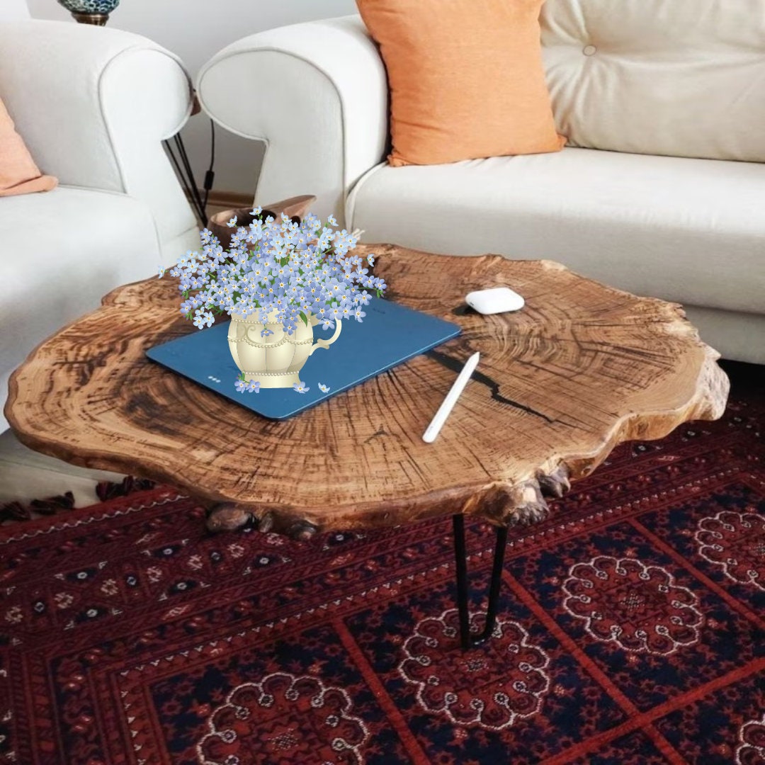 Acacia Wood Live Edge Center Table With Metal Frame, Living Room Wooden ...