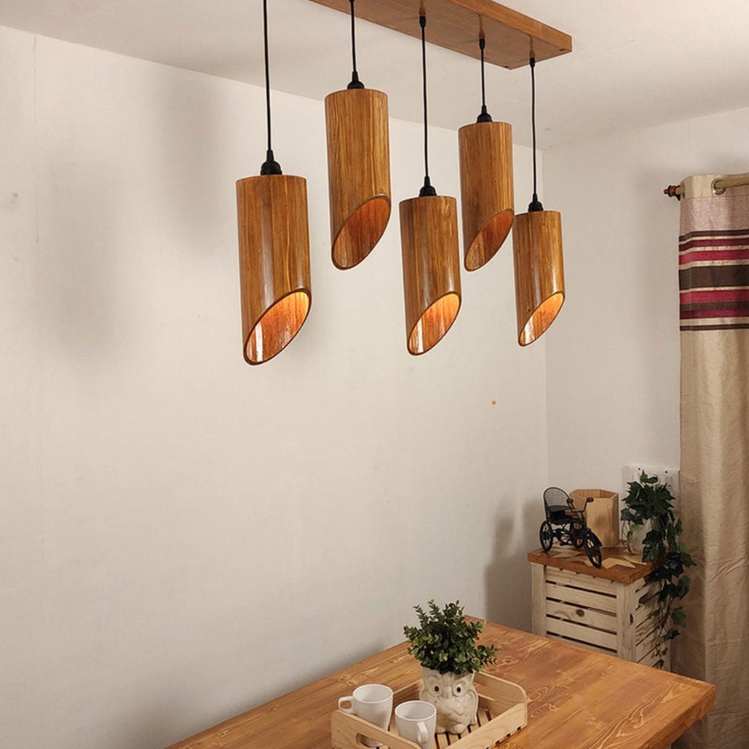 Handmade, 5 Hanging Branches Ceiling Lamp, Wooden Lampshade, Wooden ...