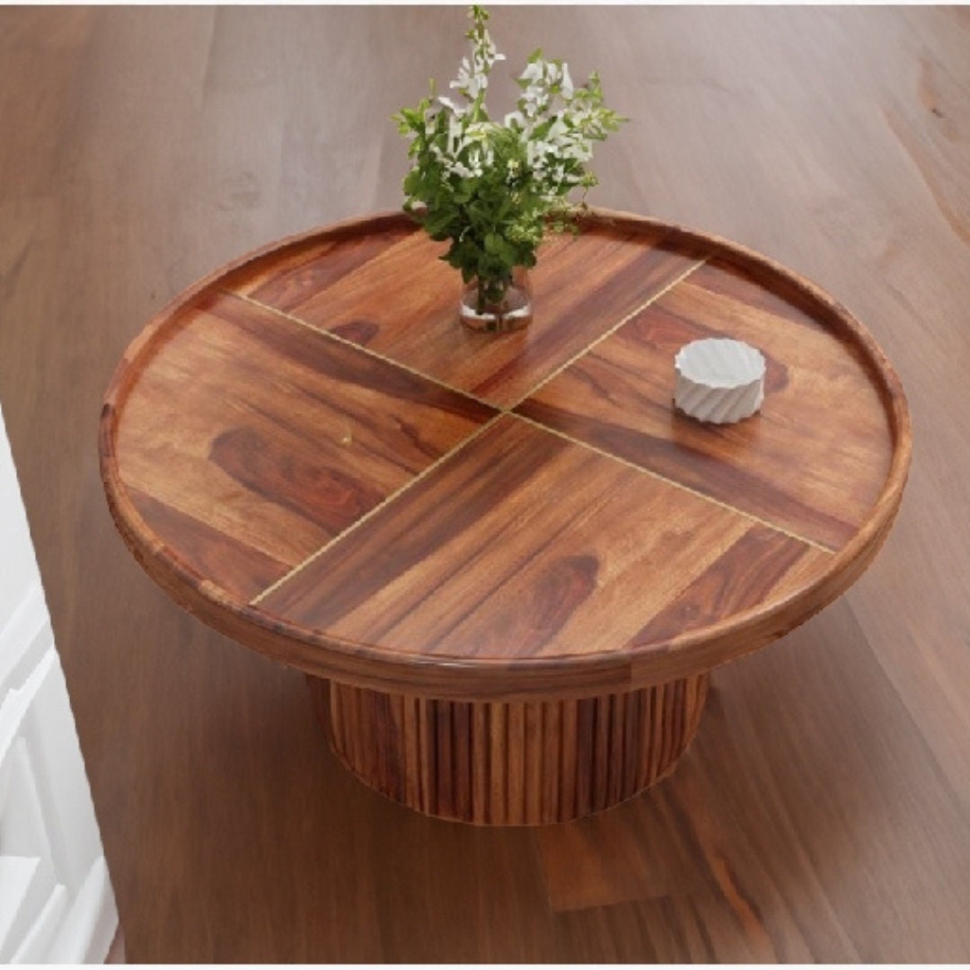 Sheesham Wooden Round Coffee Table, Modern Coffee Table, Solid Wood ...