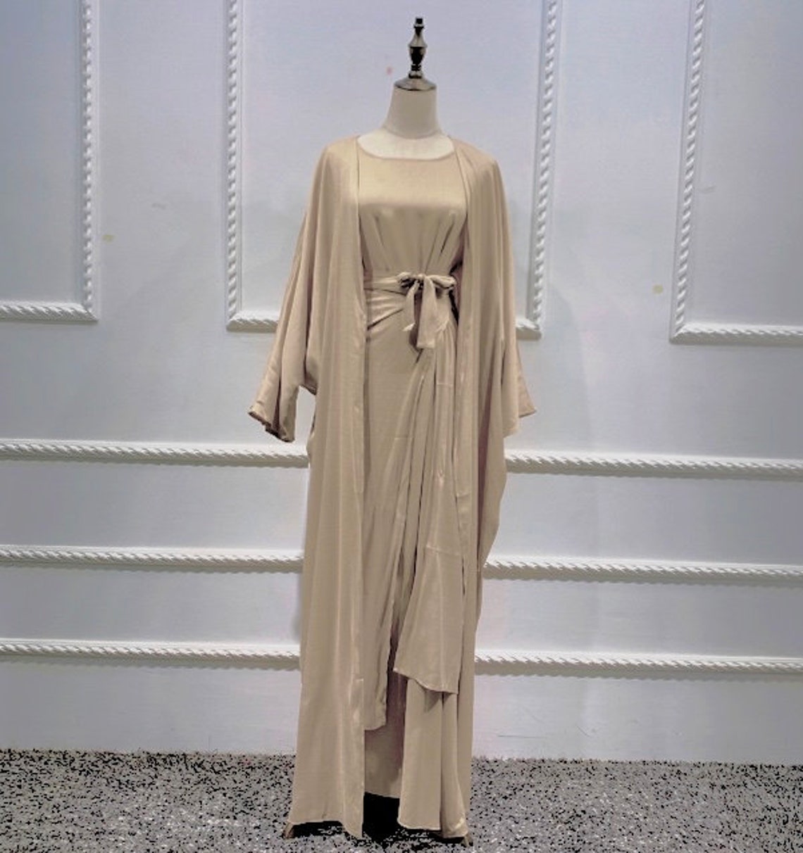 3-piece Linen Blend Abaya Set Abaya Cardigan, Long-sleeved Dress, and ...