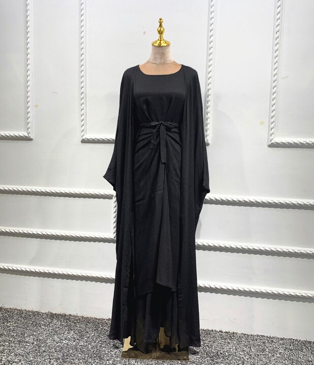 3-piece Linen Blend Abaya Set | Abaya Cardigan, Long-sleeved Dress, and ...