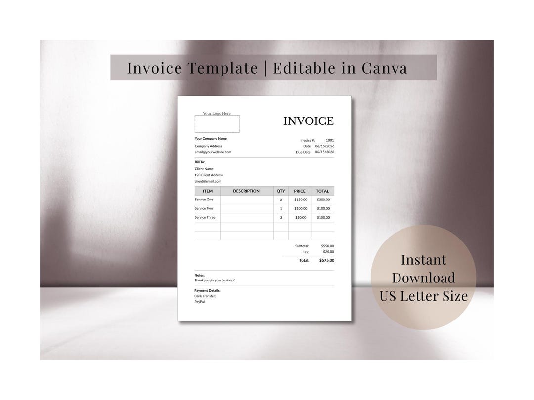 Minimalist Invoice Template, Editable Canva Design, US Letter (digital ...