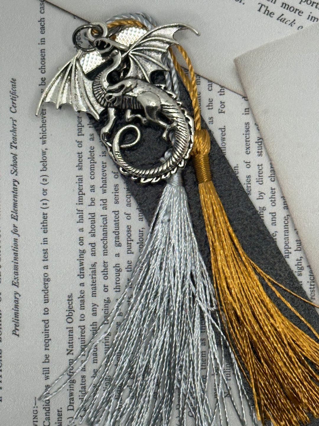 Dragon Bookmark With Gold and Silver Tassels and Black Leather. - Etsy