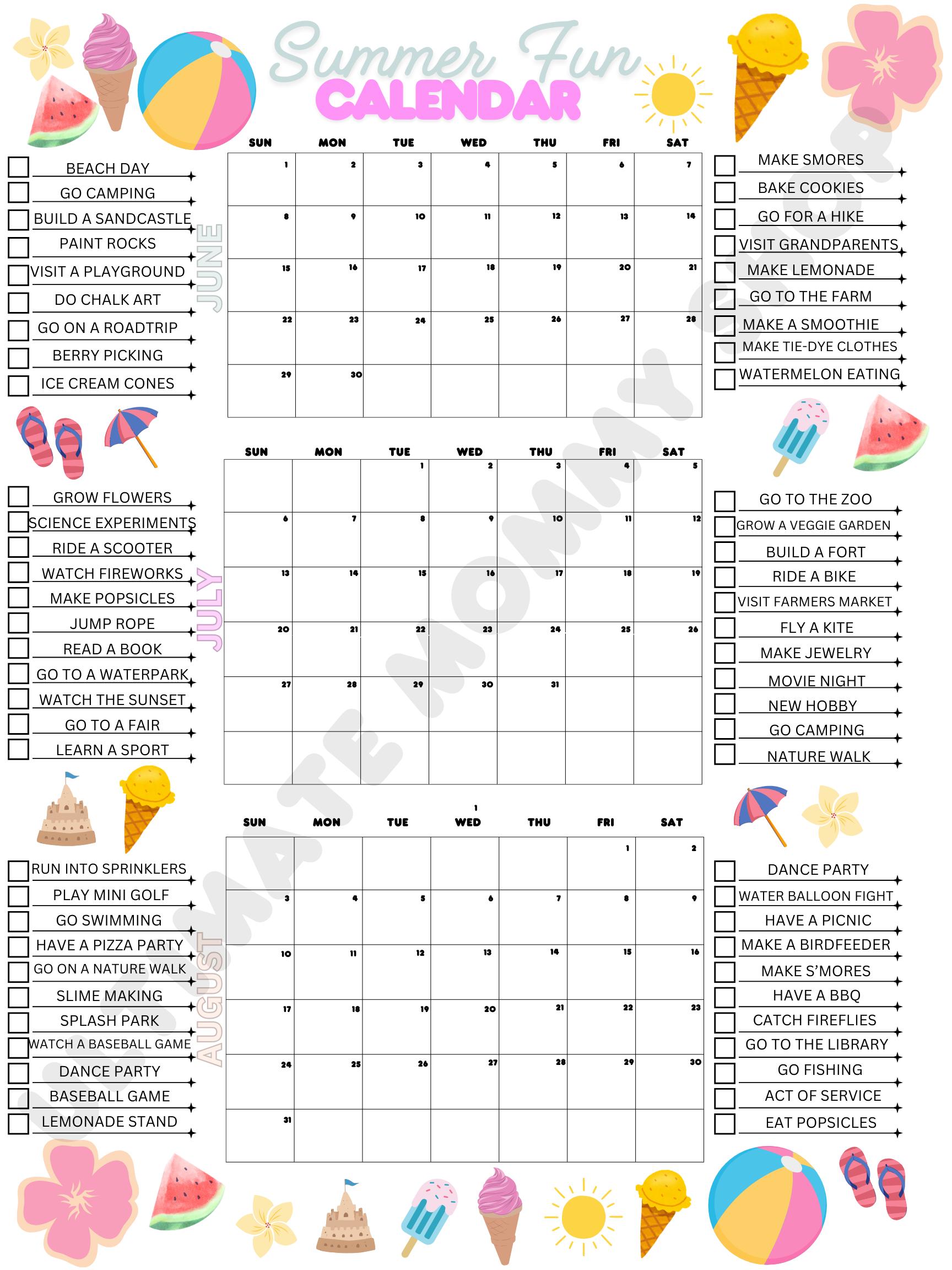 Printable Summer Calendar Poster | 18x24 and 24x36 | Summer Activities ...