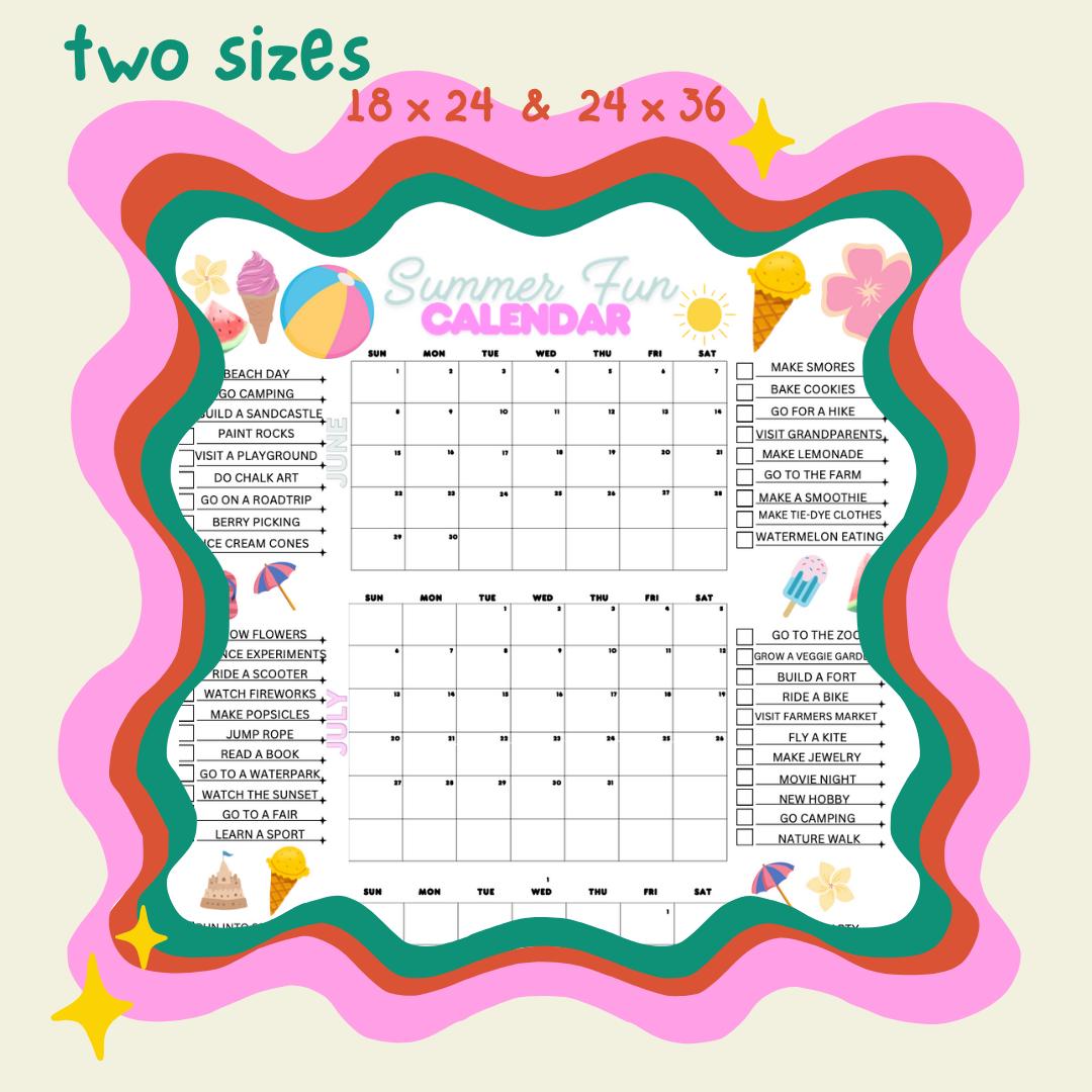 Printable Summer Calendar Poster | 18x24 and 24x36 | Summer Activities ...