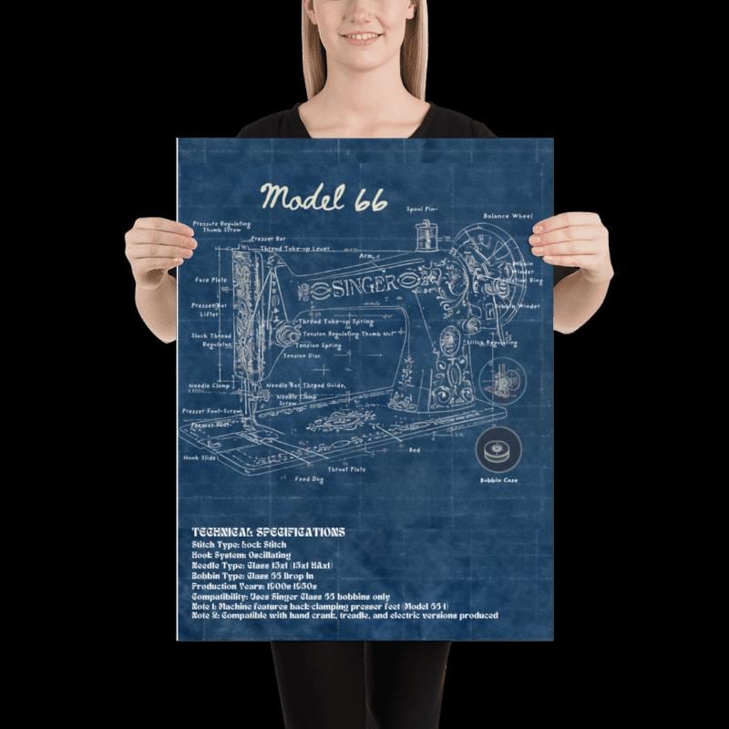 Vintage Singer 66 Sewing Machine Blueprint Poster - Antique Craft Decor ...