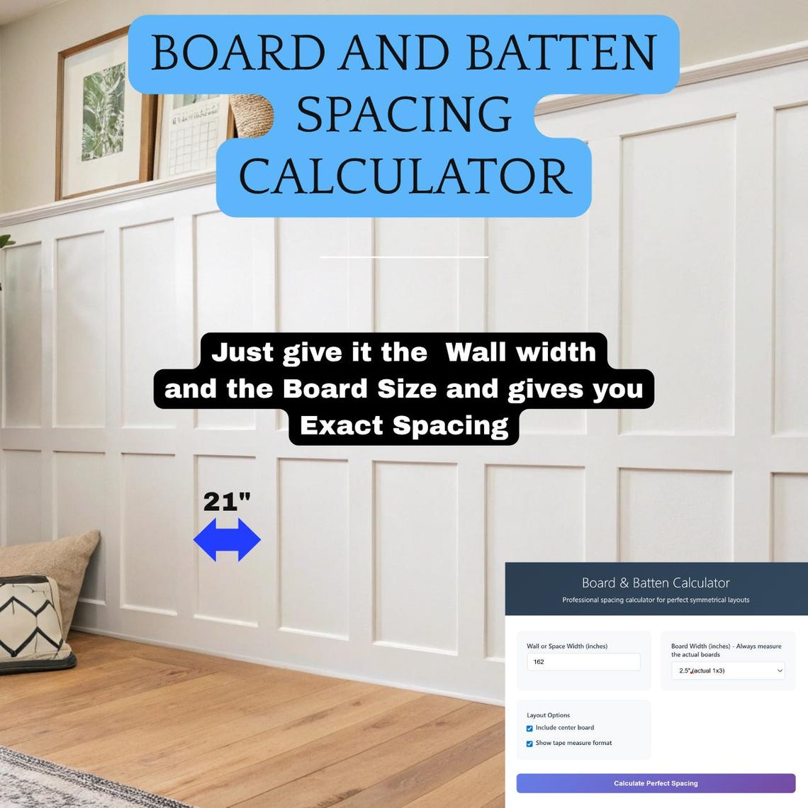 Board and Batten Spacing Calculator: DIY Wall Paneling Layout (digital ...