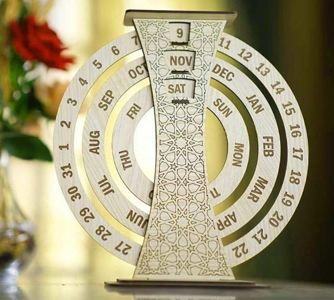 Rotating Wooden Perpetual Calendar With Stand, Laser Cut Plywood Office ...
