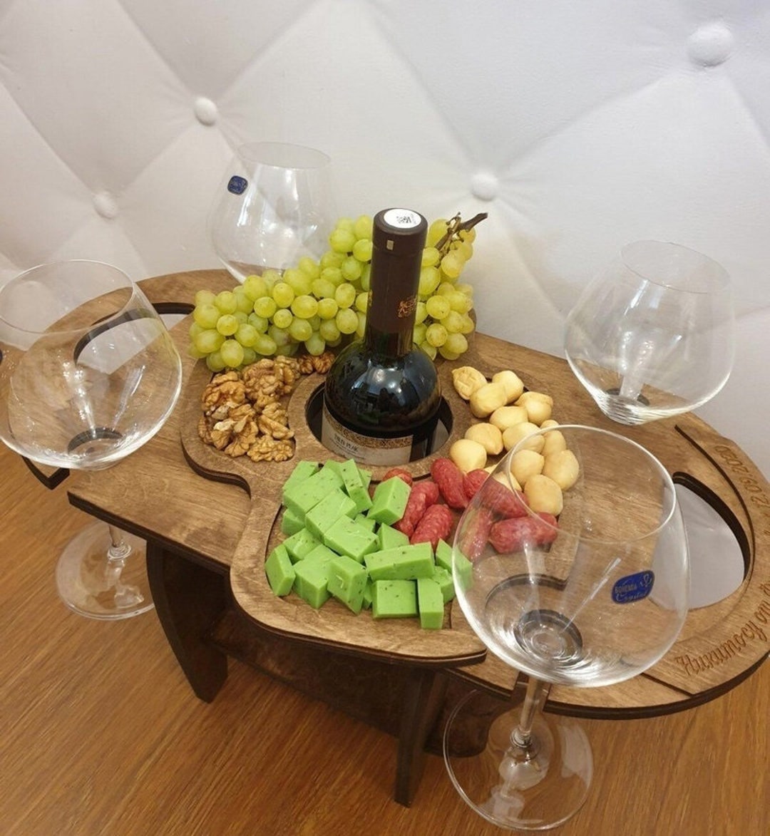 Wooden Bottle Wine Table With Bottle Holder Four Glass Holder and ...
